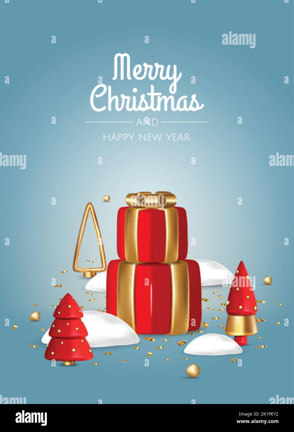 Christmas and New Year background. Christmas tree, golden gift box ...