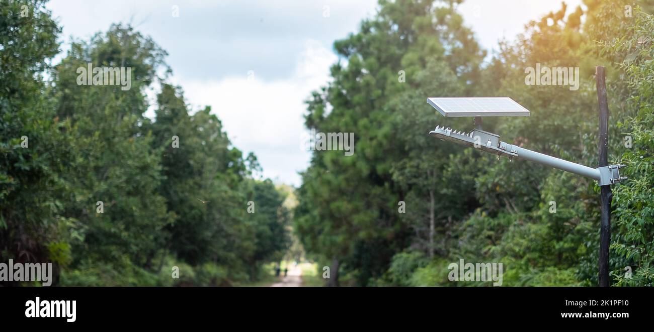 Small Solar photovoltaic panels with light lamp in forest, electrical ...