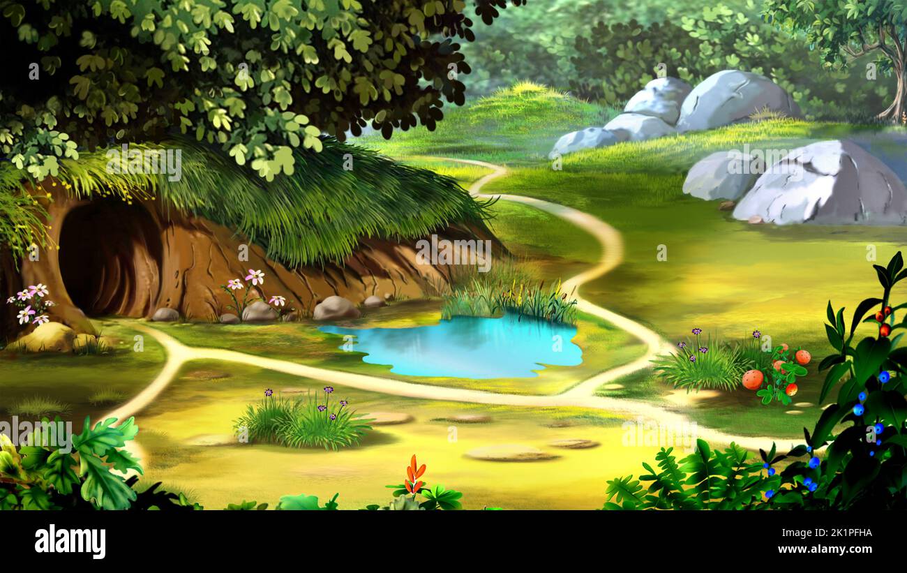 Fairy tale forest gnome hole in the ravine. Digital Painting Background ...
