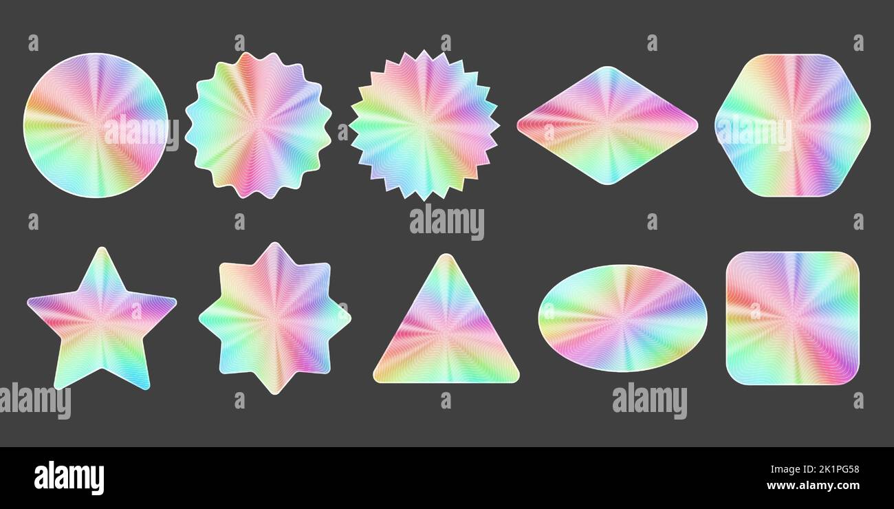 Holographic stickers set. Silver label gradient stamps. Metal texture ...