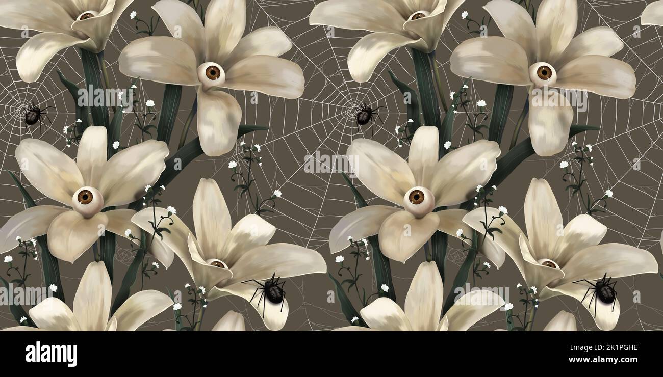 Seamless mystical pattern. Gloomy wallpaper with luxurious white lilies ...