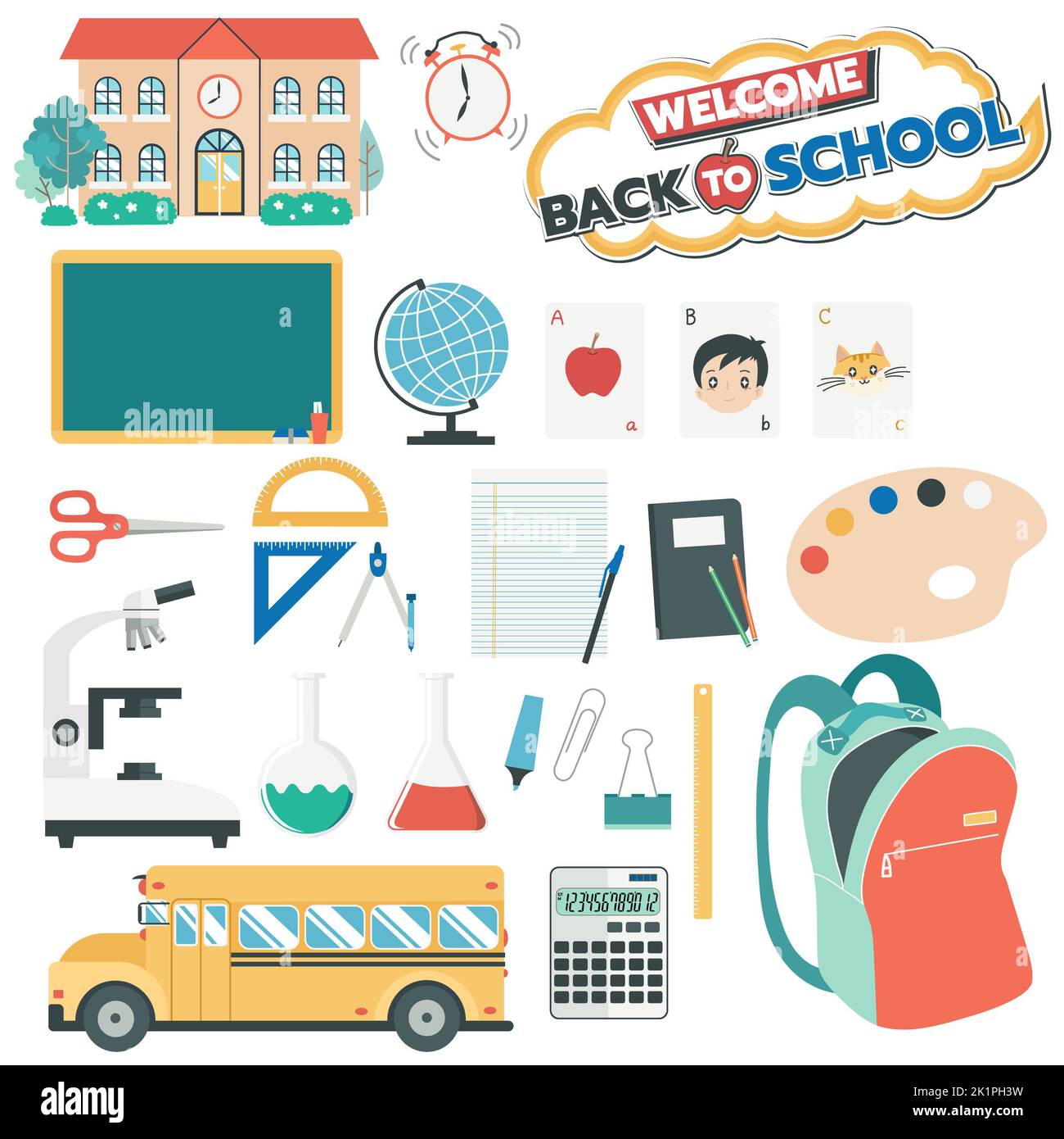 Welcome Back To School. Flat Graphic Design Set of School Supplies with ...