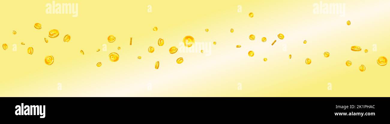 British pound coins falling. Scattered gold GBP coins. United Kingdom ...