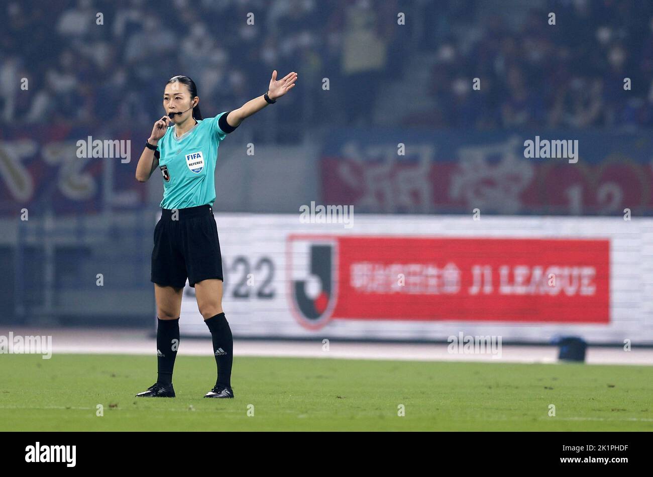 Yoshimi Yamashita blows her whistle during a J1 football game between FC Tokyo and Kyoto Sanga ...