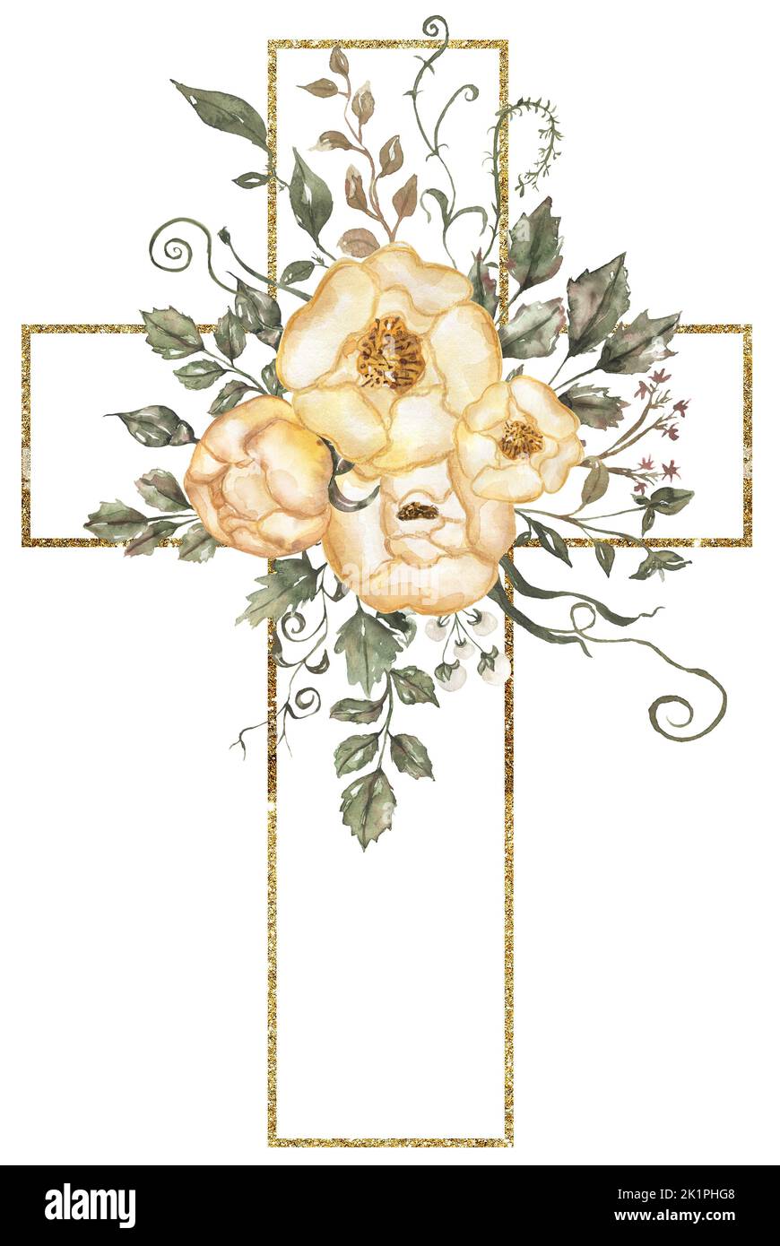 Watercolor hand painted Floral Cross Clipart, Easter Religious yellow ...