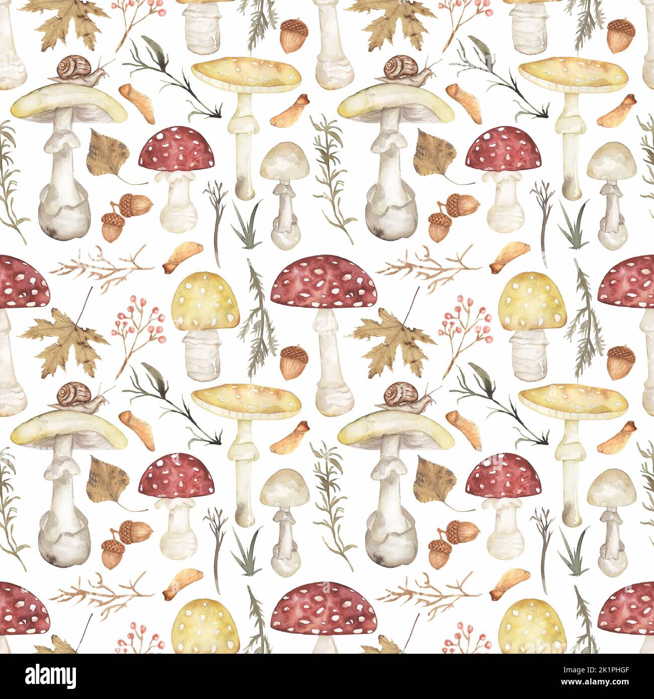 Watercolor fungus seamless pattern, autumn ornament with forest leaves ...