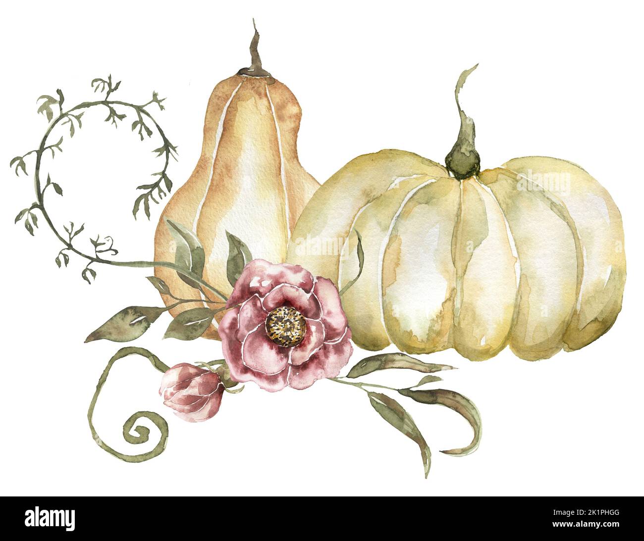 Watercolor harvest scene with pumpkin and leaves and flowers bouquet ...