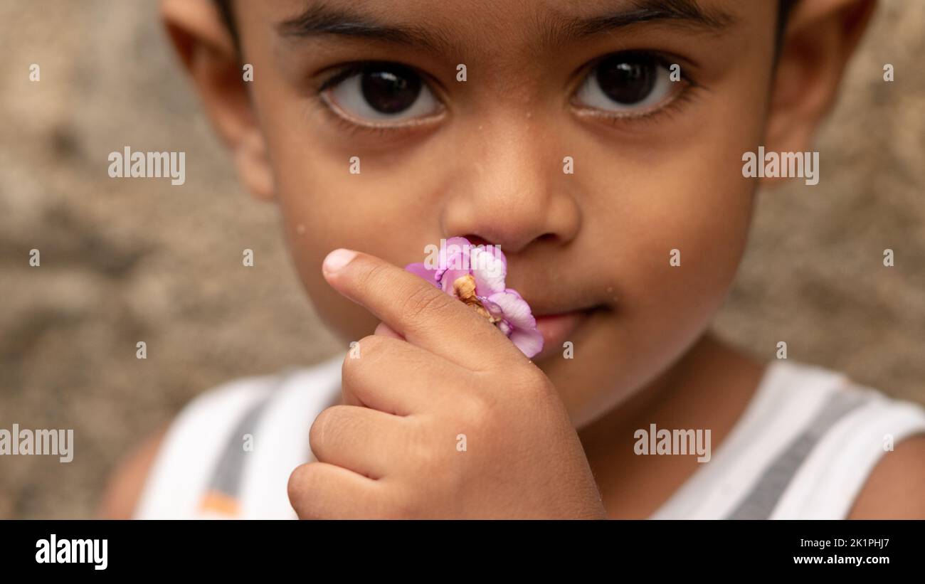 A cute Southeast Asian kid in a t-shirt is sniffing flowers near wall ...