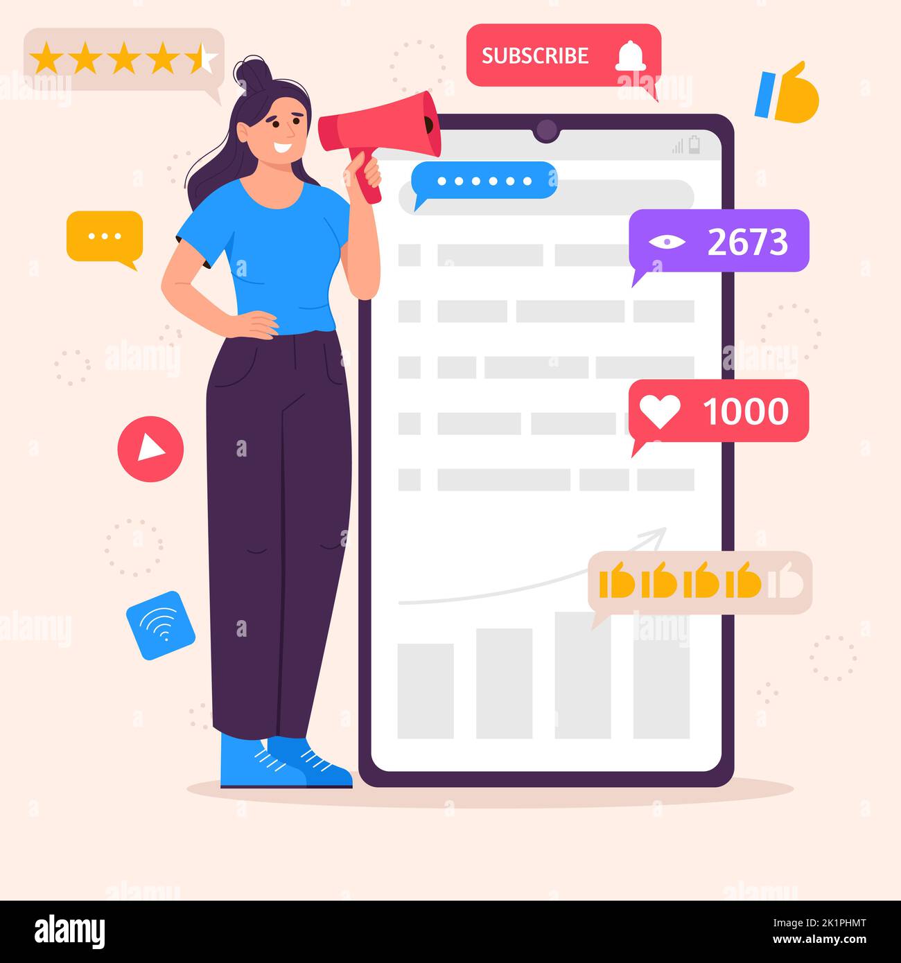 Social media marketing concept with woman with megaphone and icons of ...