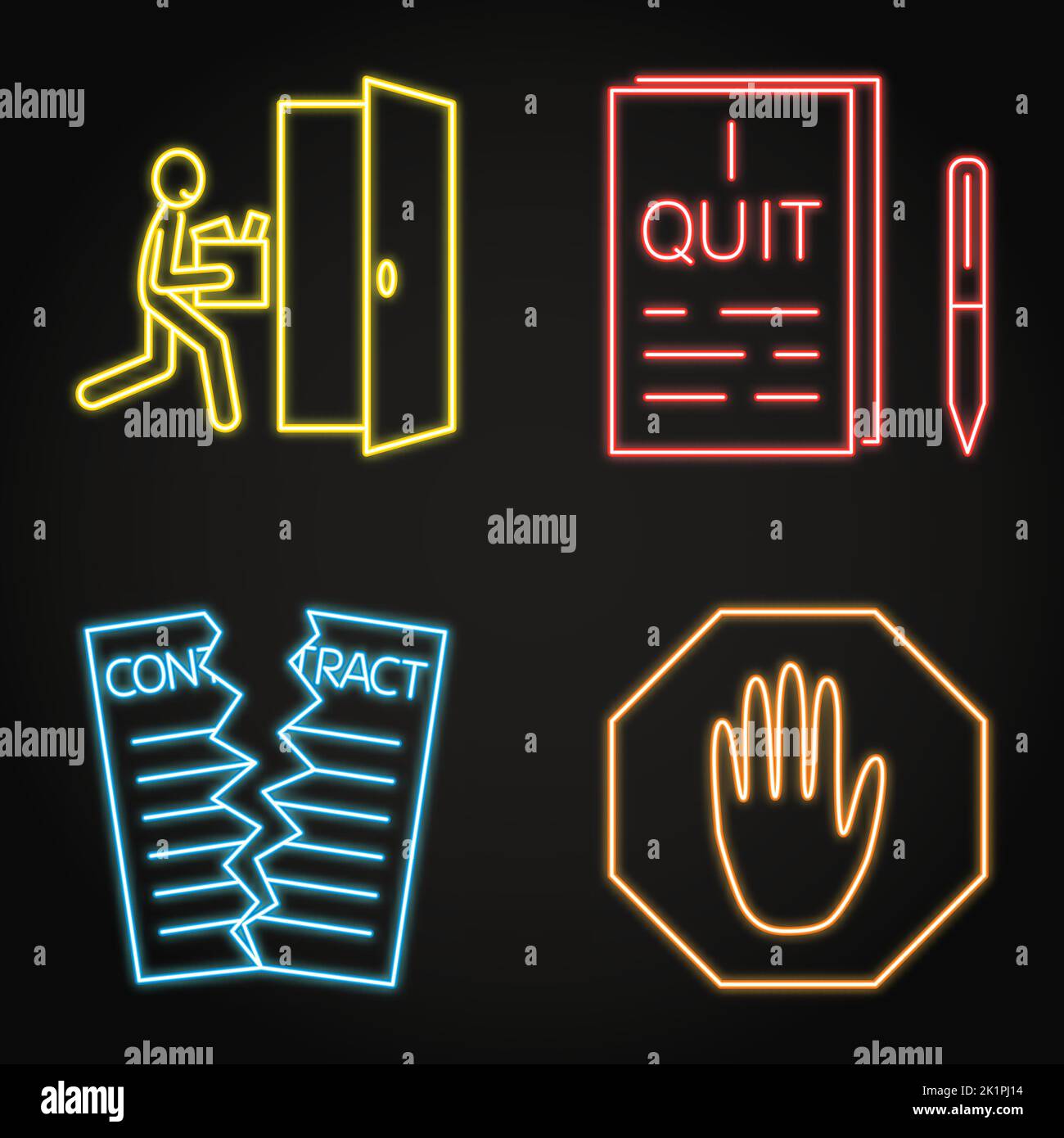 Quitting Job Neon Icon Set In Line Style Resignation Contract Break Symbols Vector