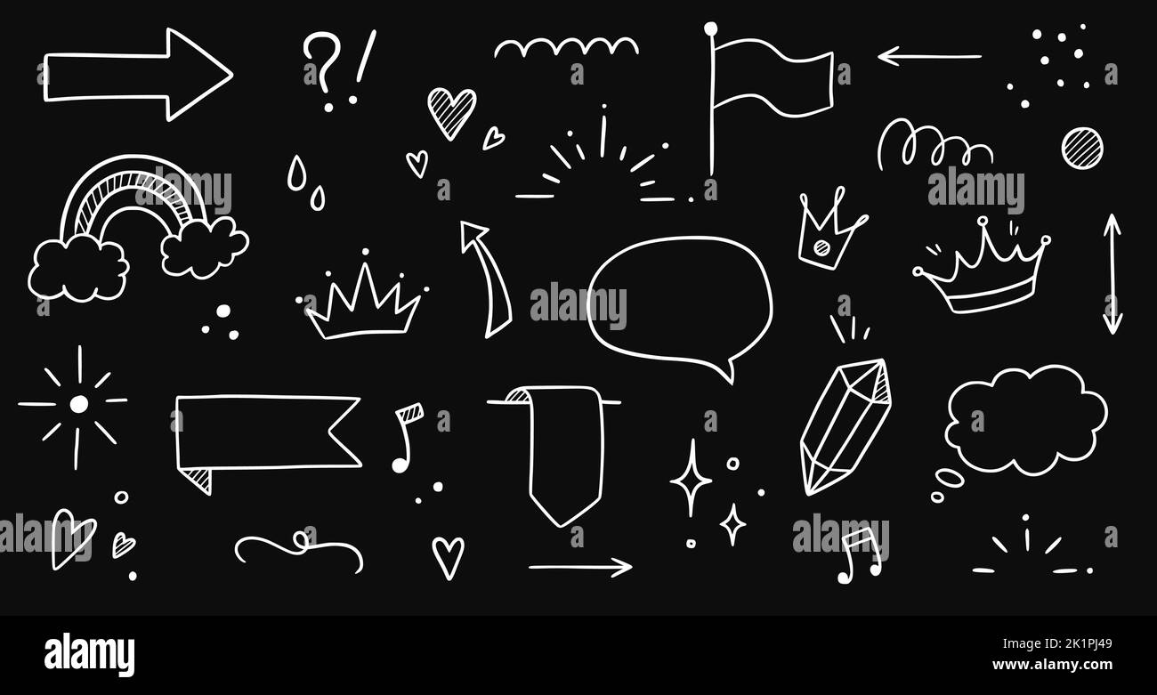 Line frame, sparkle, ribbon hand drawn doodle chalkboard element set ...