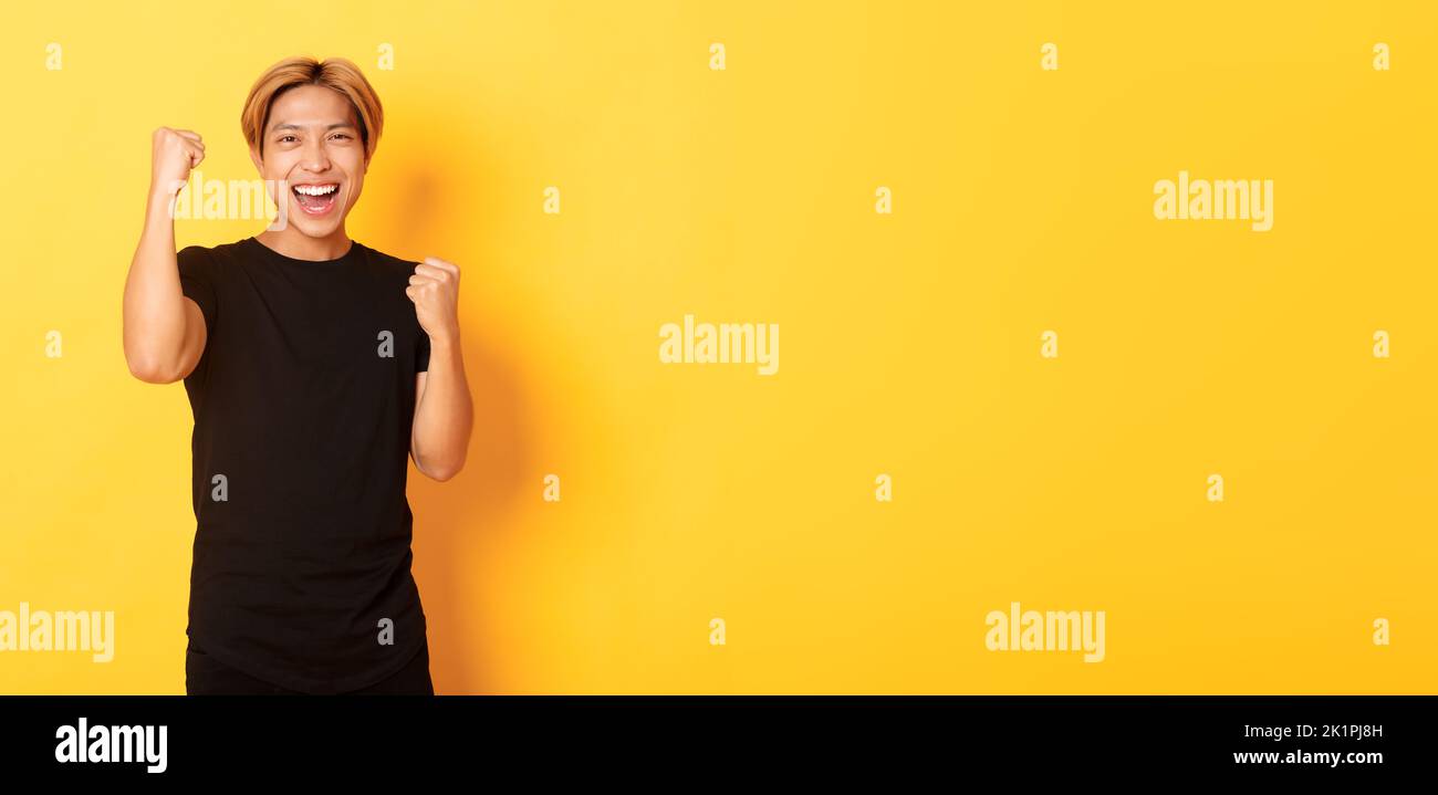 Portrait of triumphing confident asian man, fist pump and smiling happy ...