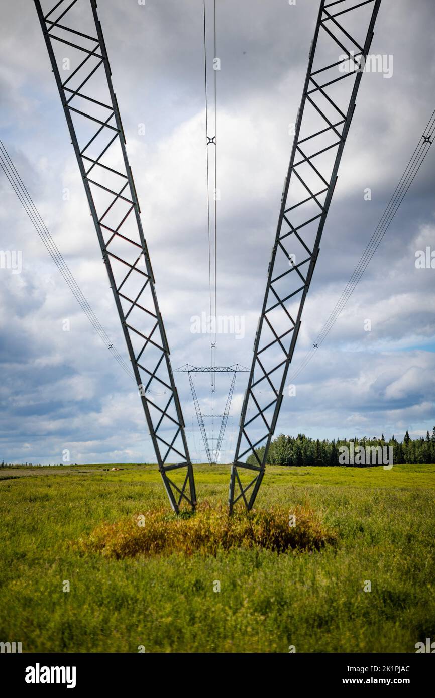 A vertical shot of transmission towers in the green field Stock Photo ...