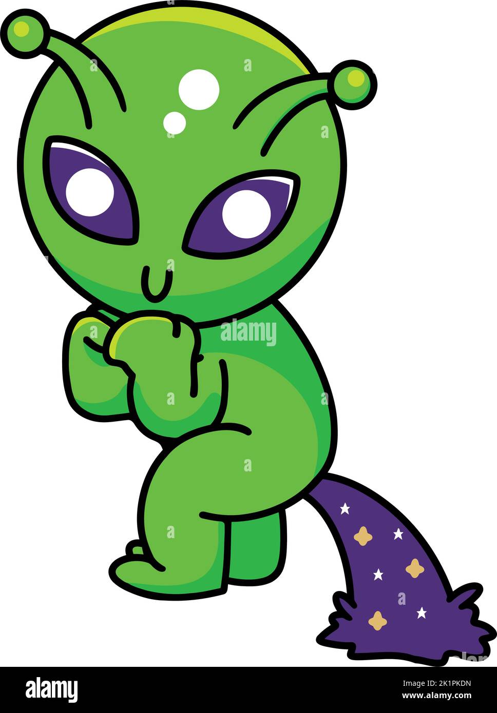 A cute green alien pooping purple stars and planets isolated on white ...