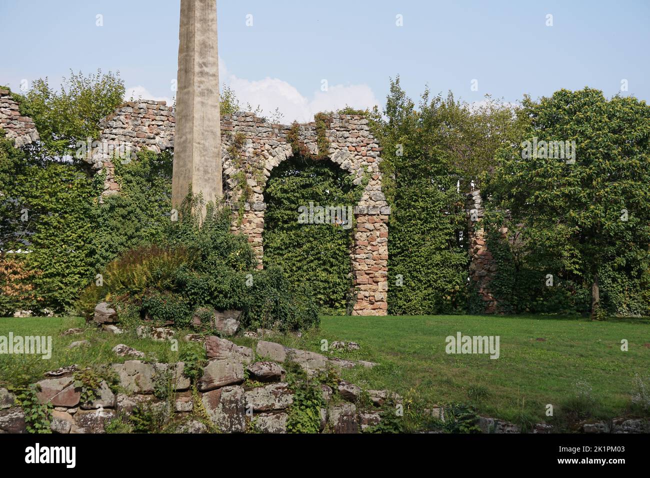 A beautiful view of old, stone arches covered with plants in ...