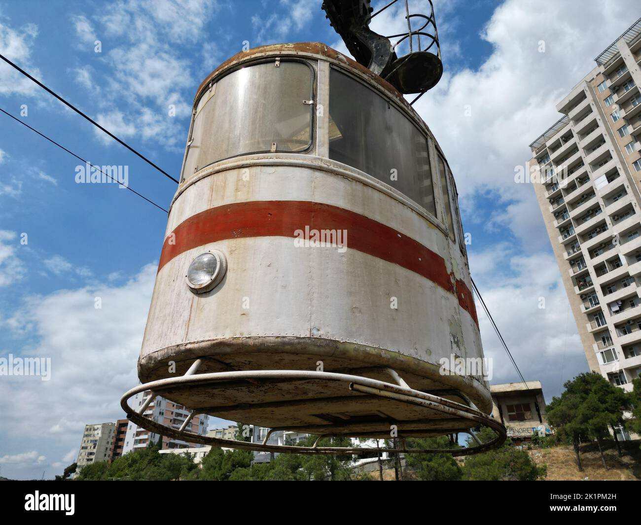 A closeup low angle view of an abandoned cable car at Samgori metro ...