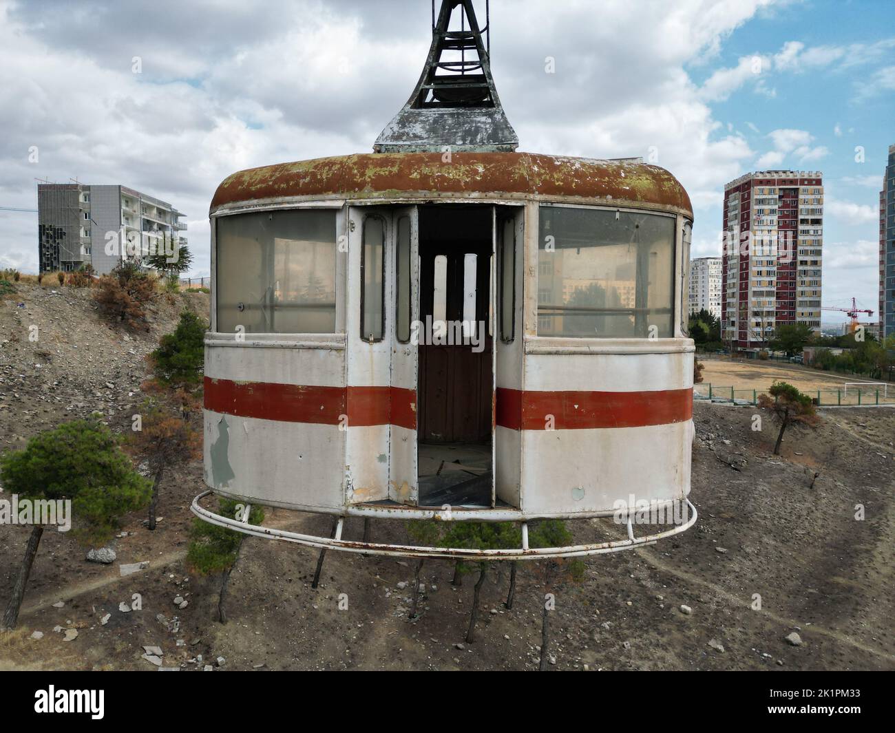 A closeup of an abandoned cable car at Samgori metro station in Tbilisi ...
