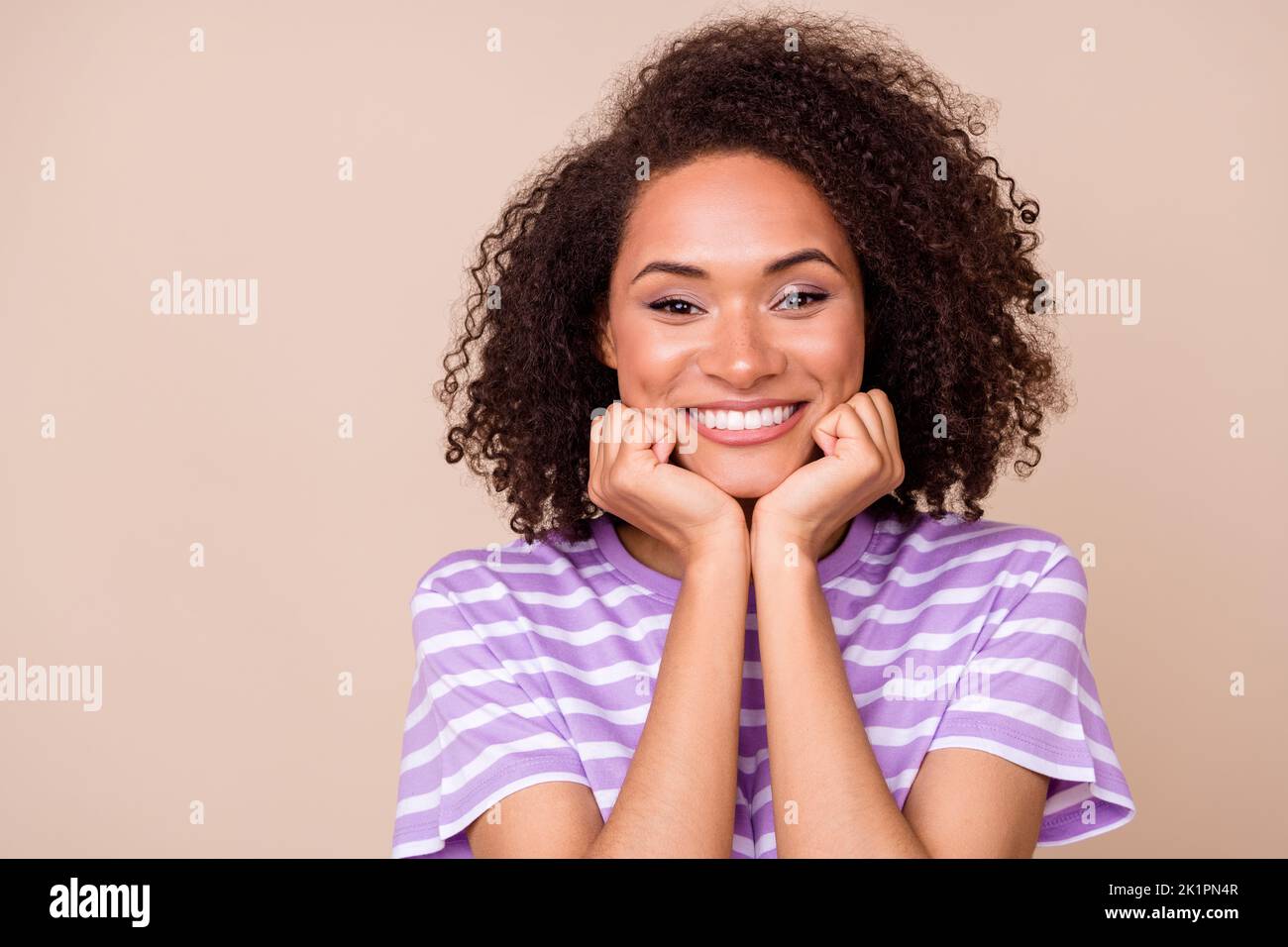 Closeup photo of young adorable cute girlish lady smile dreamy look you ...