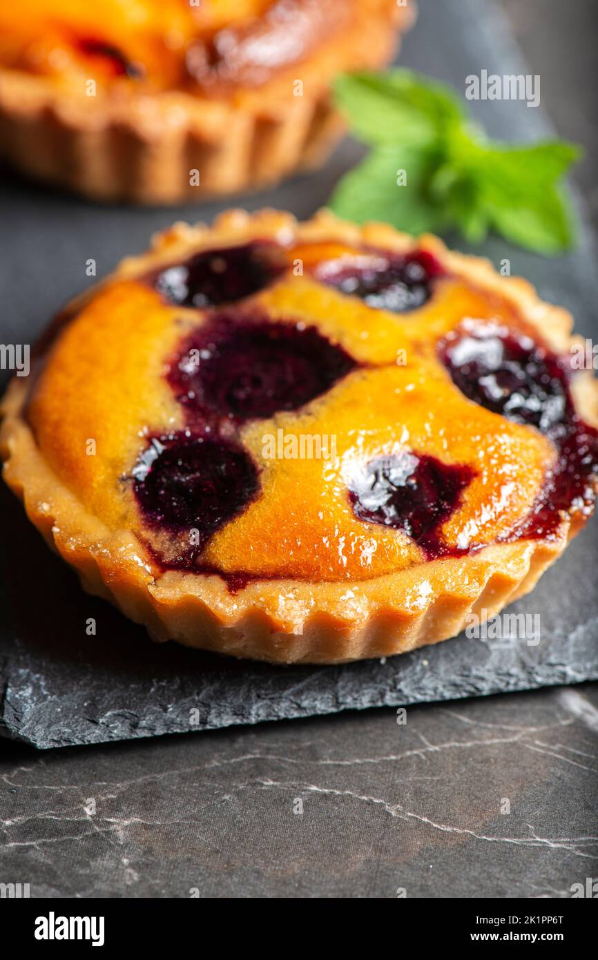 Fresh-made gourmet Blueberry and Apricot Frangipane Tarts Stock Photo ...