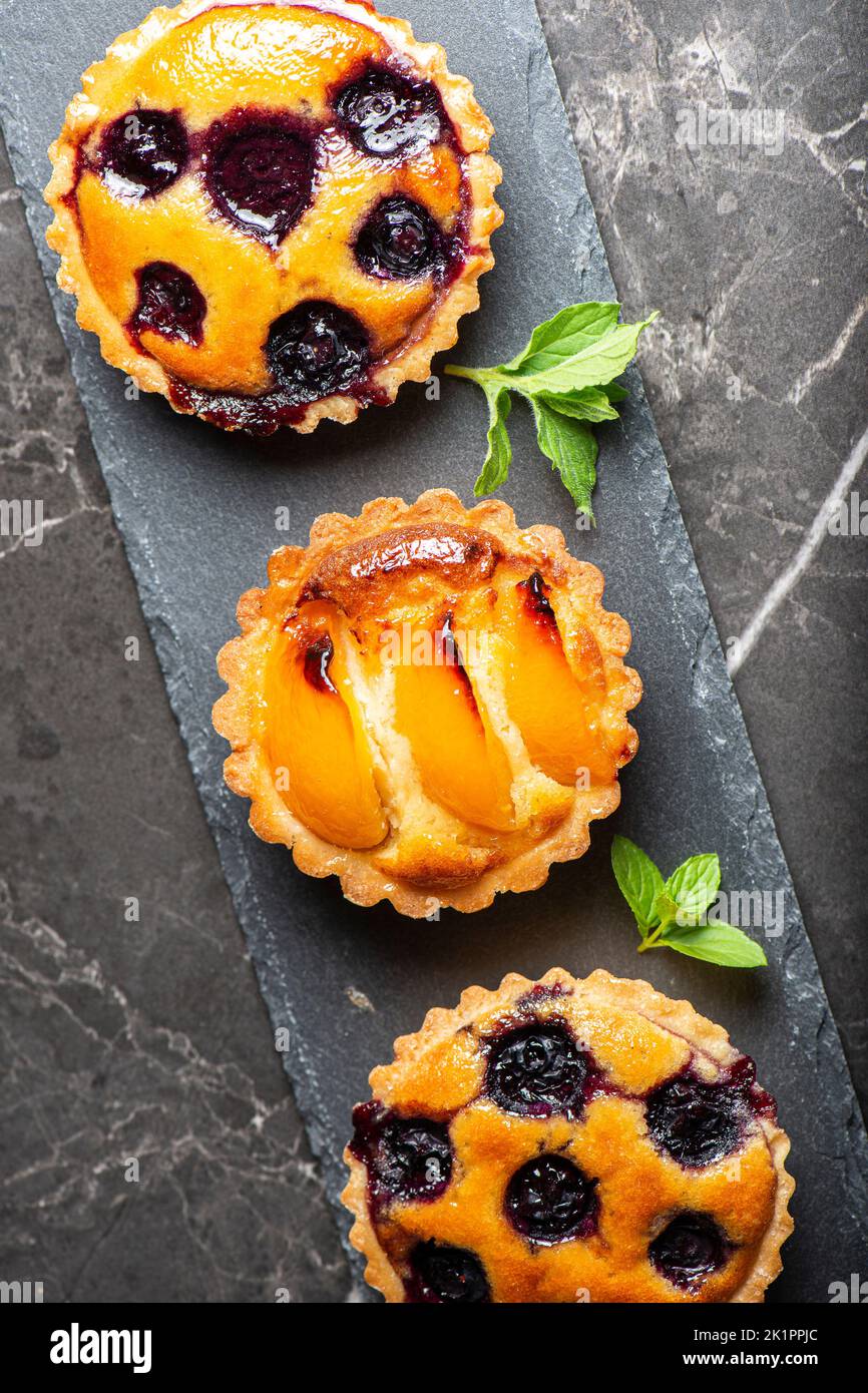 Fresh-made gourmet Blueberry and Apricot Frangipane Tarts Stock Photo ...