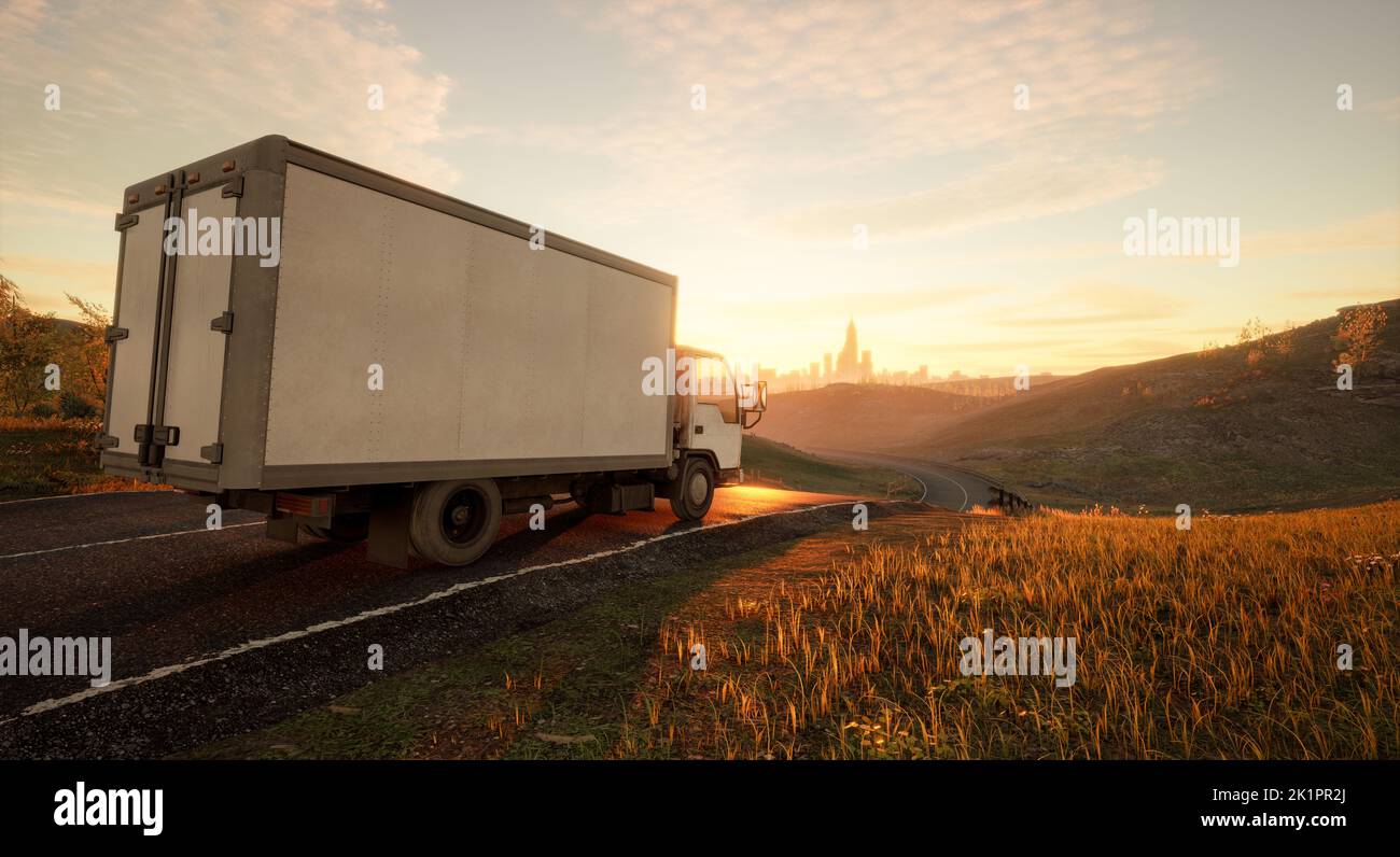Asphalt road on field with a truck. lorry moving on sunny morning into ...