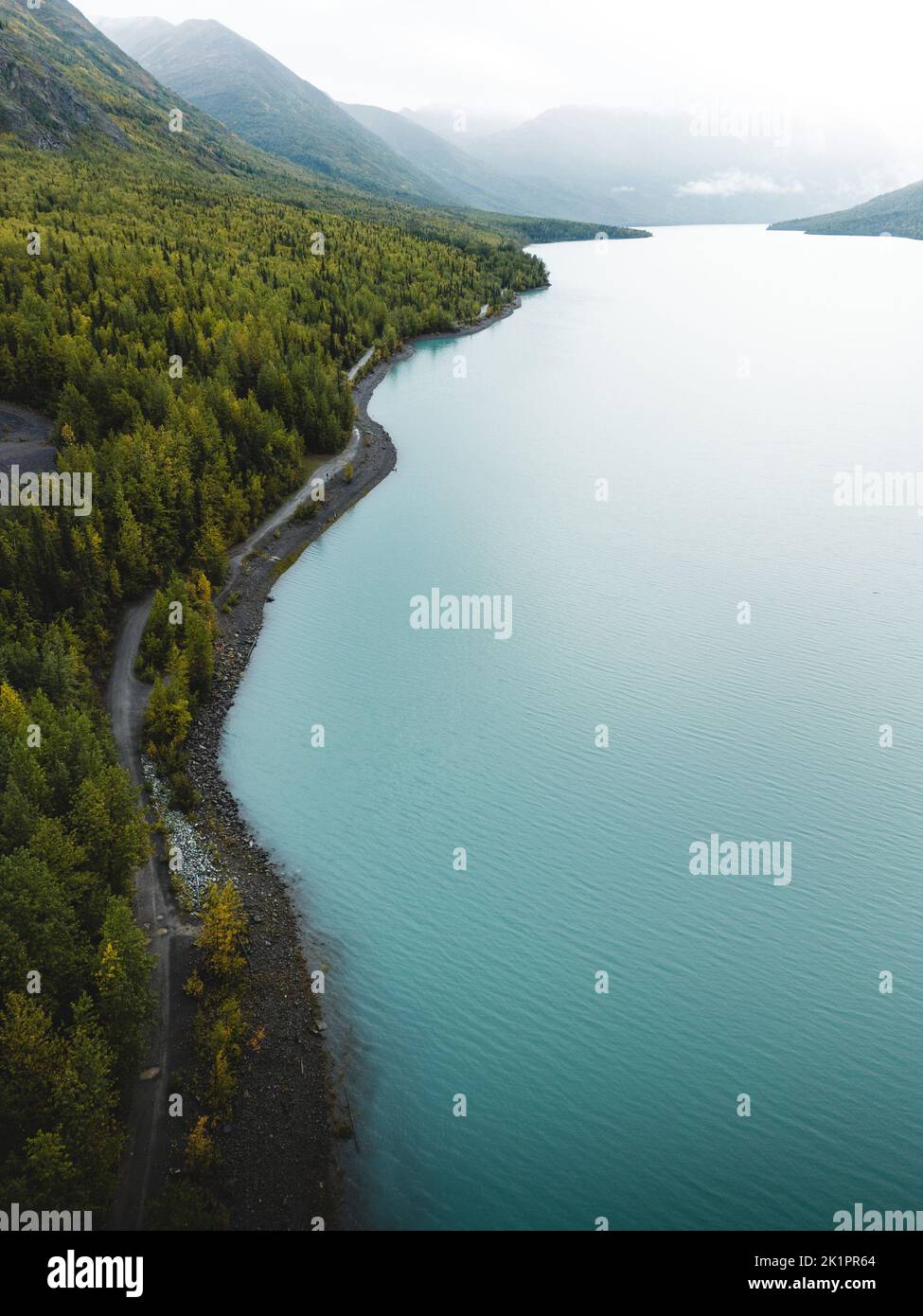An aerial view of a lake surrounded by green forests between mountains ...