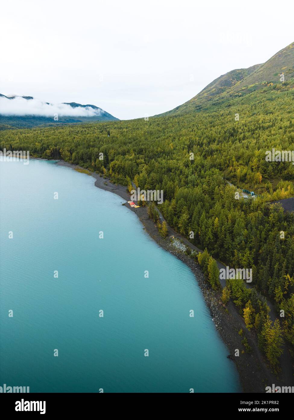 An aerial view of a lake surrounded by green forests between mountains ...