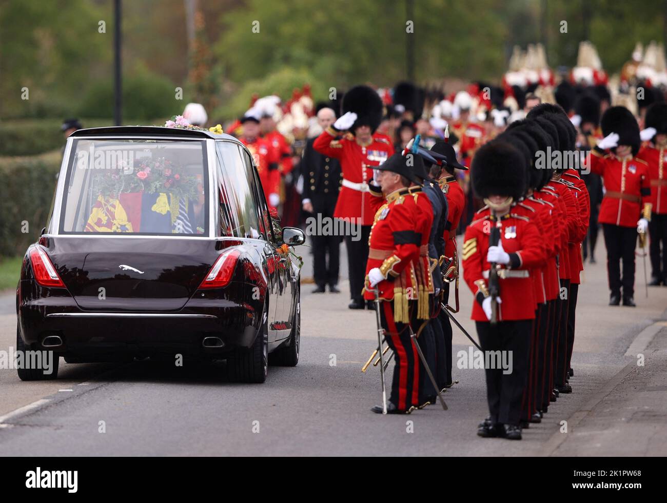 The State Hearse carrying the coffin of Queen Elizabeth, draped in the ...