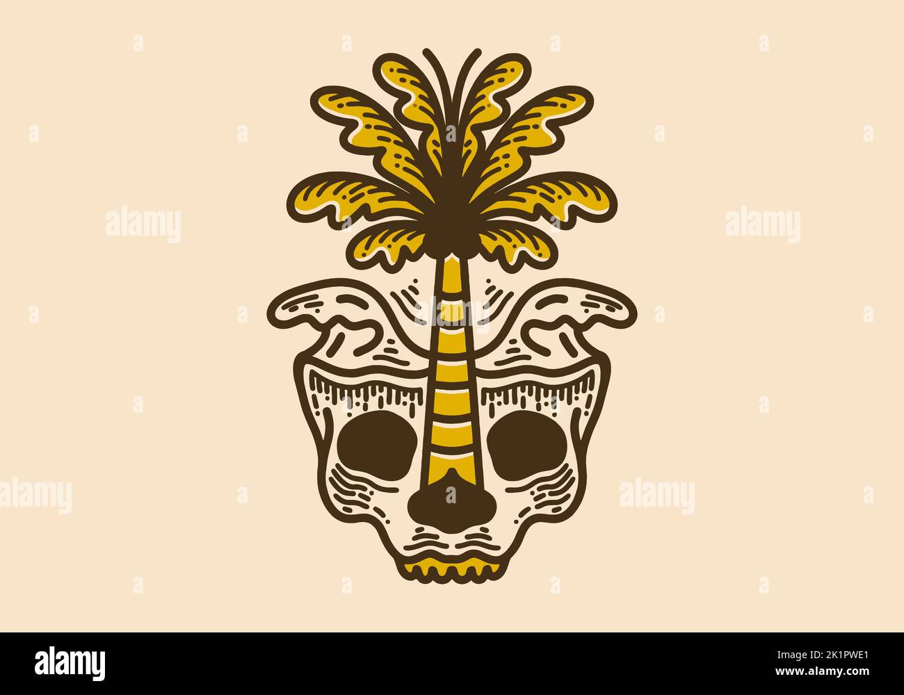 Skull wave and coconut tree vintage retro line art design Stock Vector ...