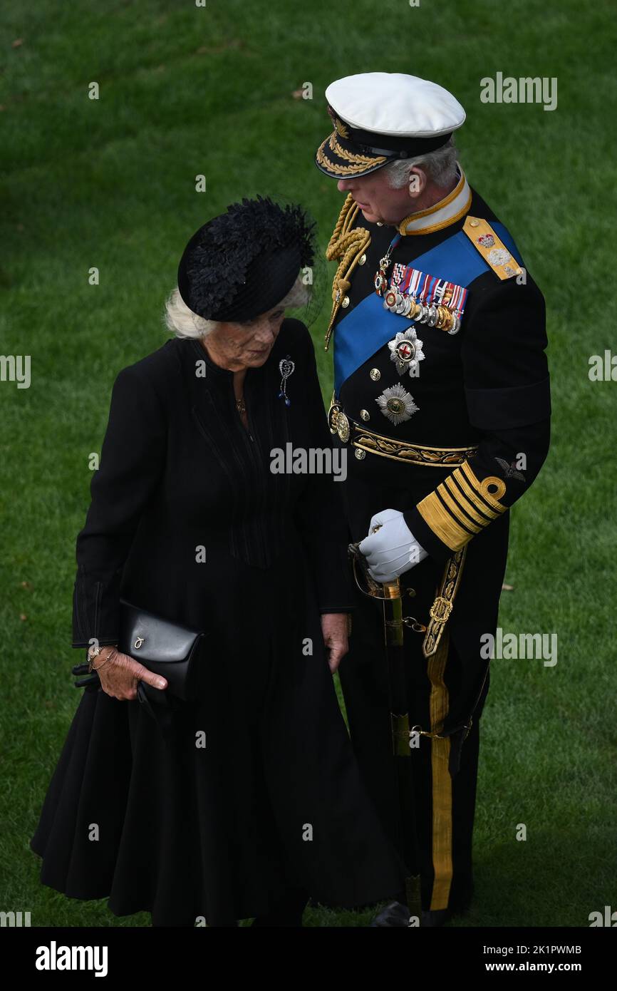 King Charles III , the Queen Consort, during the transfer of the coffin ...