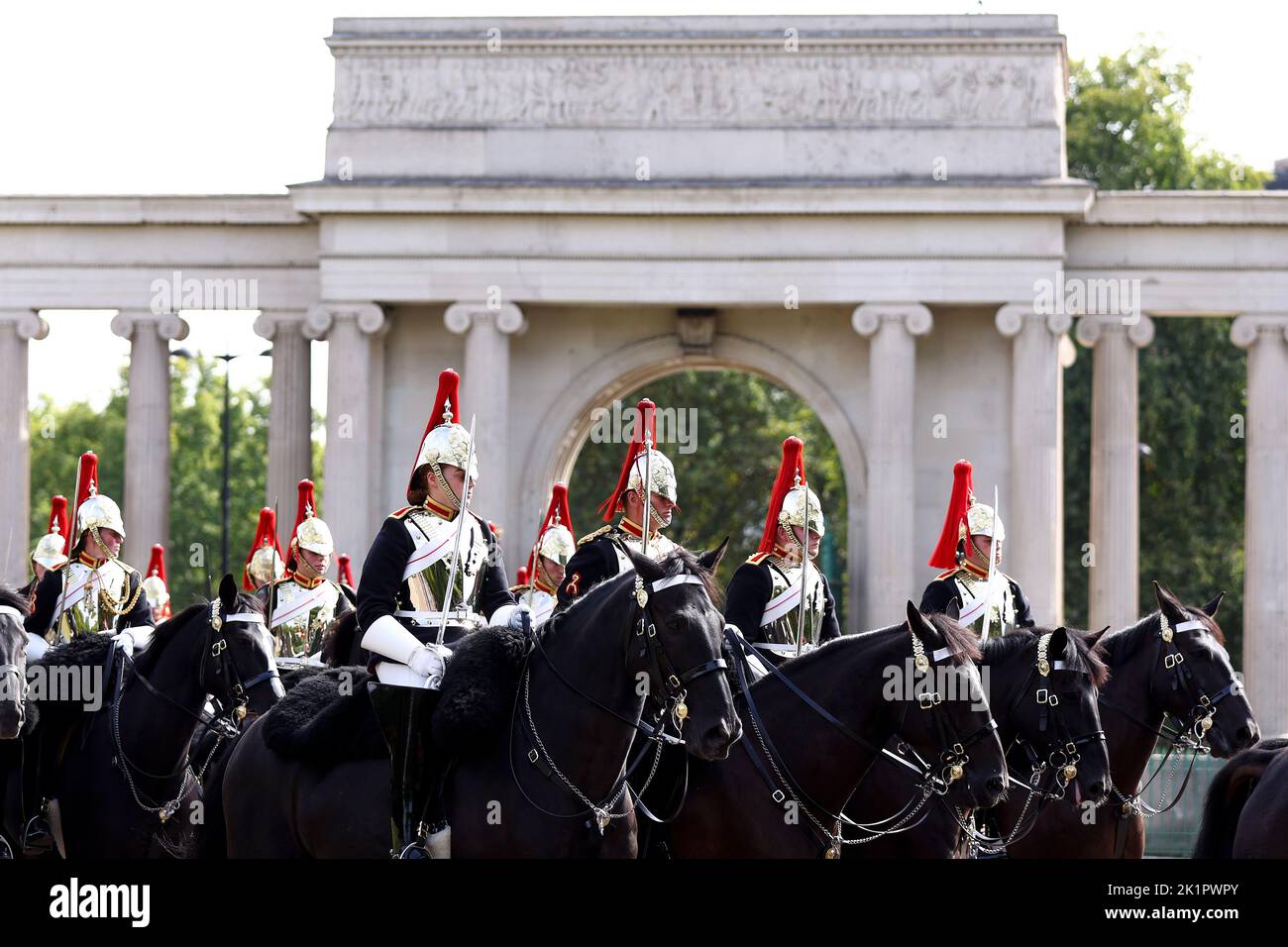 Members of the Household Cavalry at Wellington Arch during the ...