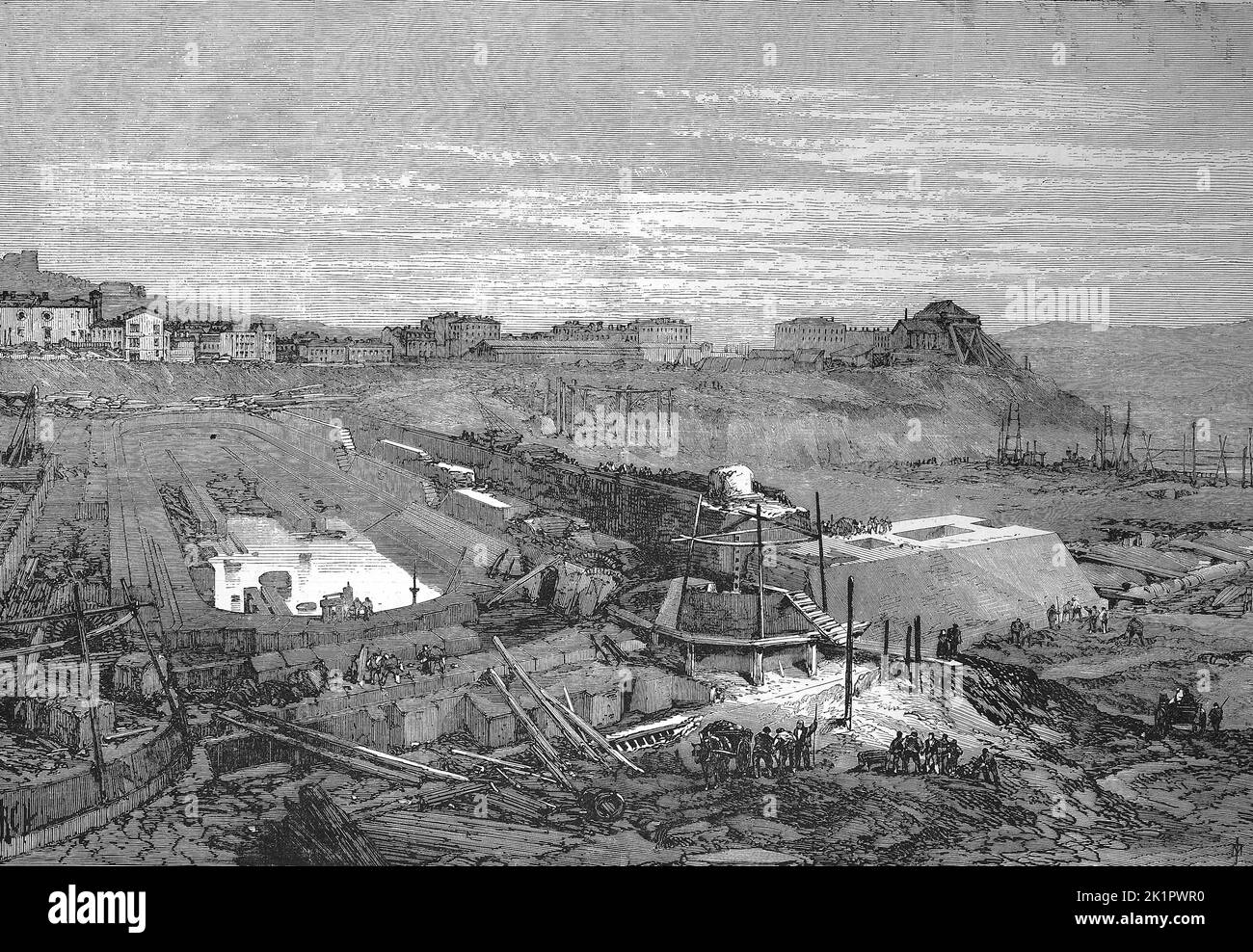 Baustelle des neuen Hafen von La Spezia im Jahre 1868, Ligurien ...