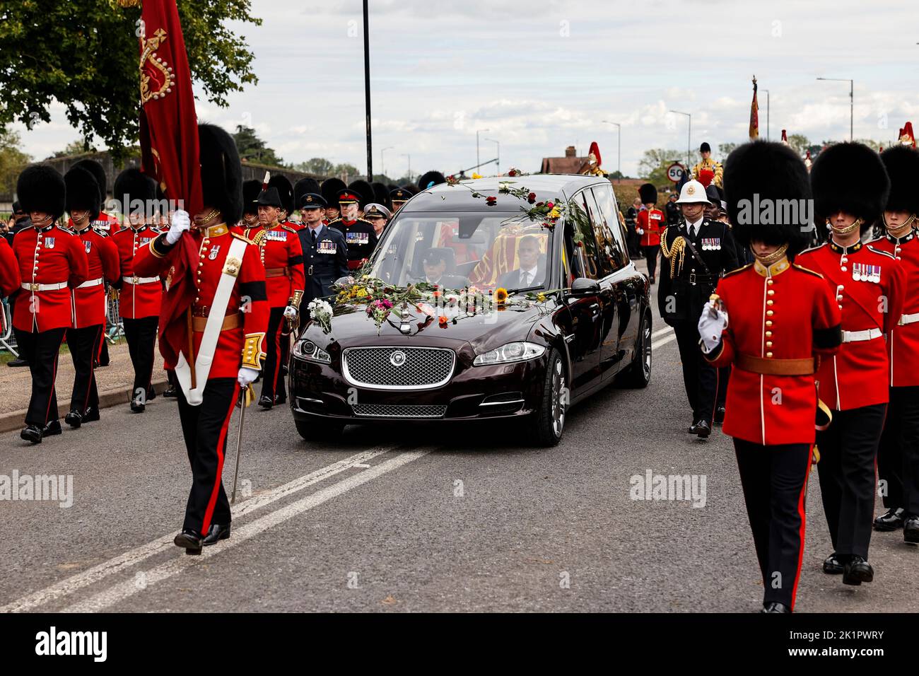 The State Hearse carries the coffin of Queen Elizabeth II, draped in ...