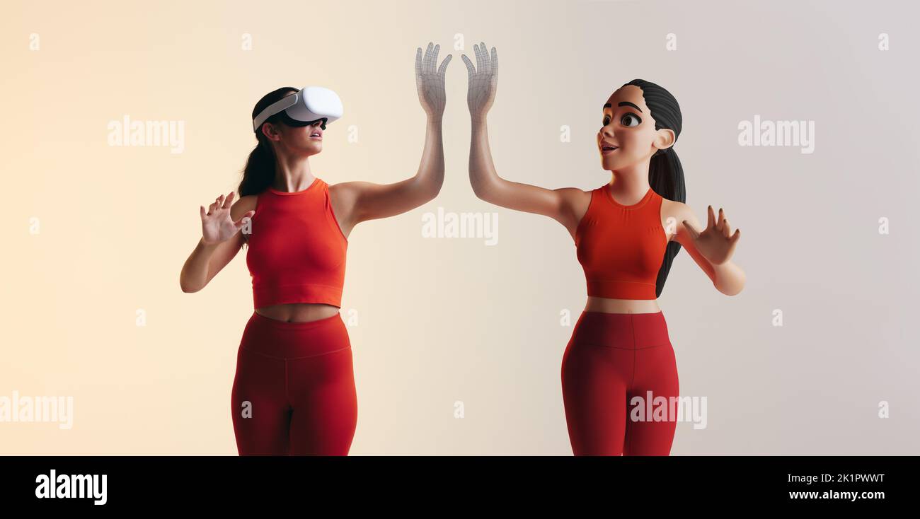 Woman experiencing a 3D simulation in the metaverse. Young woman ...