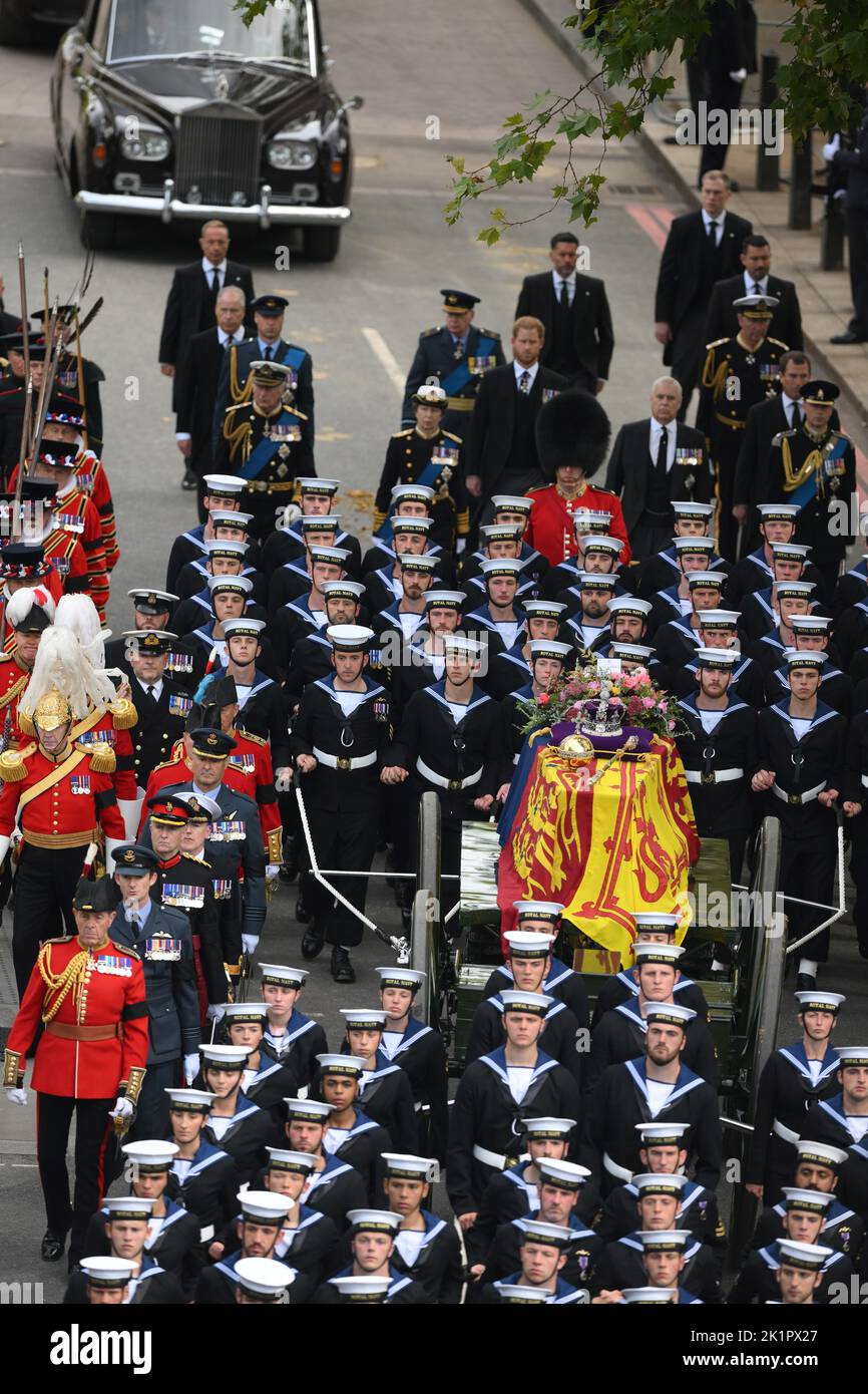 The State Gun Carriage carries the coffin of Queen Elizabeth II, draped ...