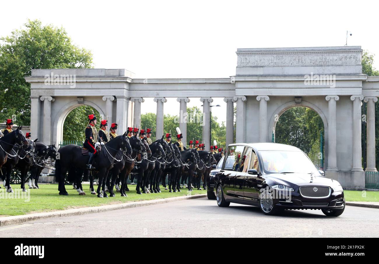 The State hearse carrying the coffin of Queen Elizabeth II, draped in ...
