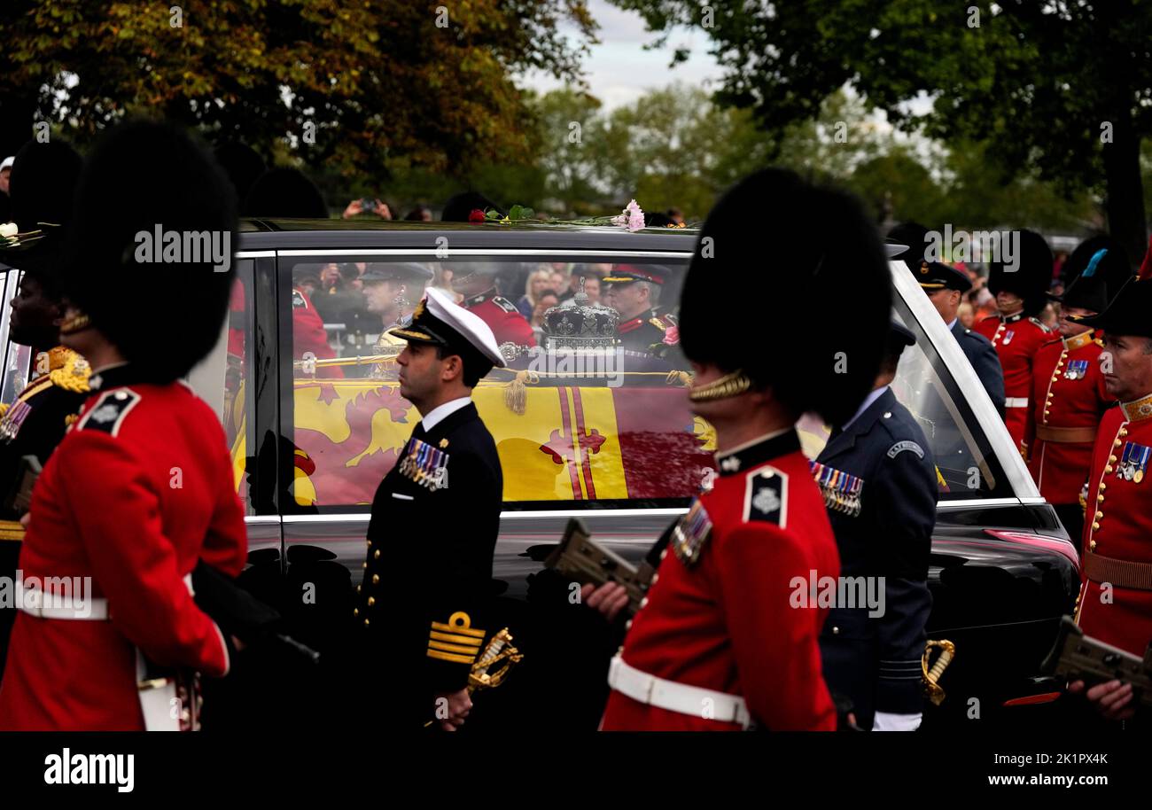 The State Hearse carrying the coffin of Queen Elizabeth II, draped in ...