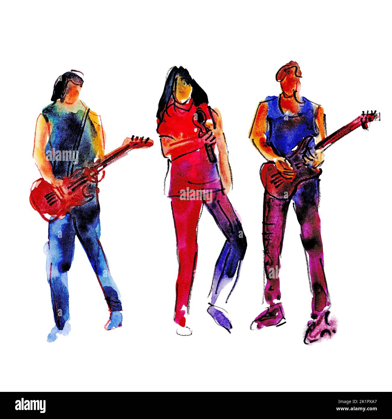 Watercolor hand drawn illustration: musical rock band, two people with ...