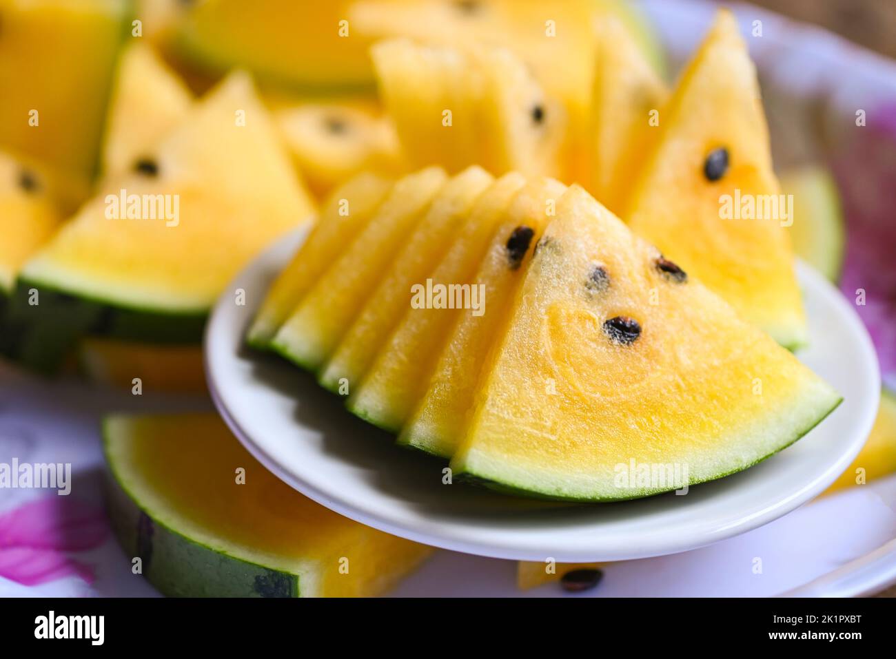 Sweet watermelon slices pieces fresh watermelon tropical summer fruit, Yellow watermelon slice ...