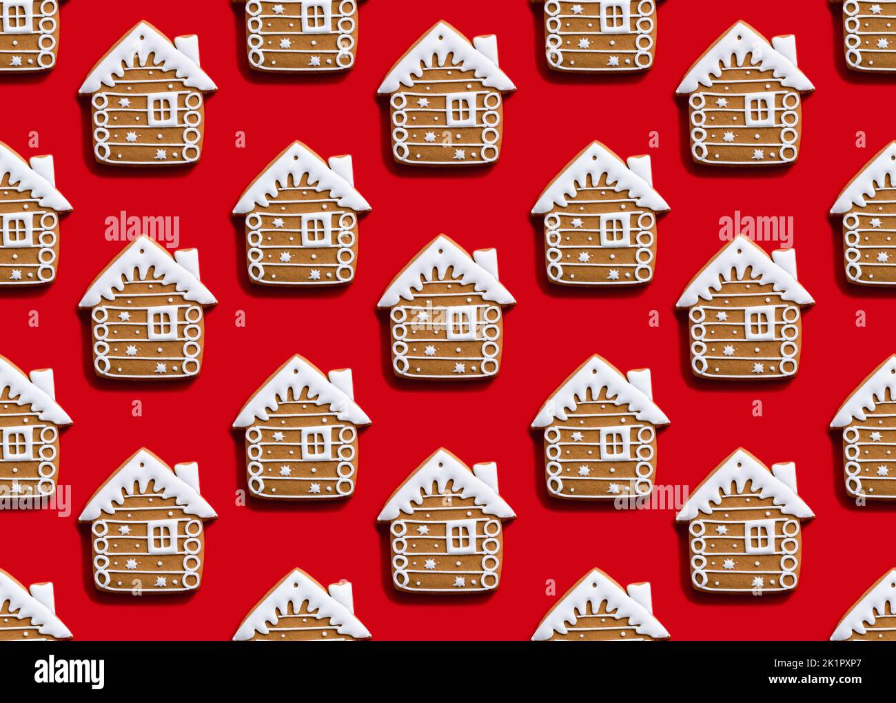 Gingerbread house pattern. Red seamless background. Christmas food ...