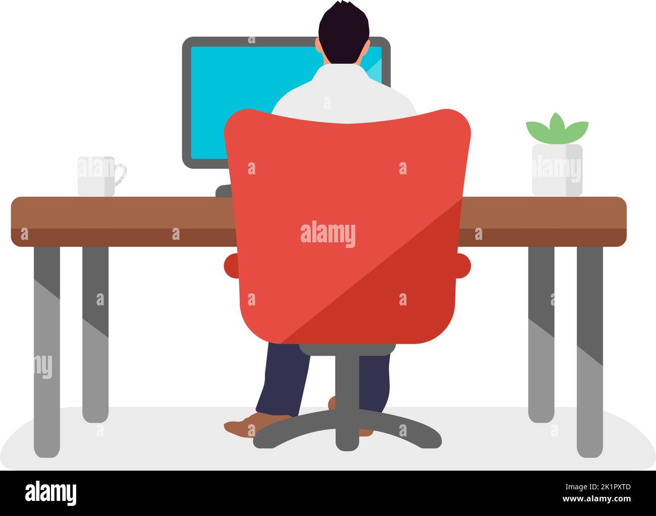 Vector illustration of a man sitting on a chair and working (back view ...