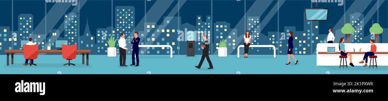 Modern office and workers horizontal vector illustration ( evening ...