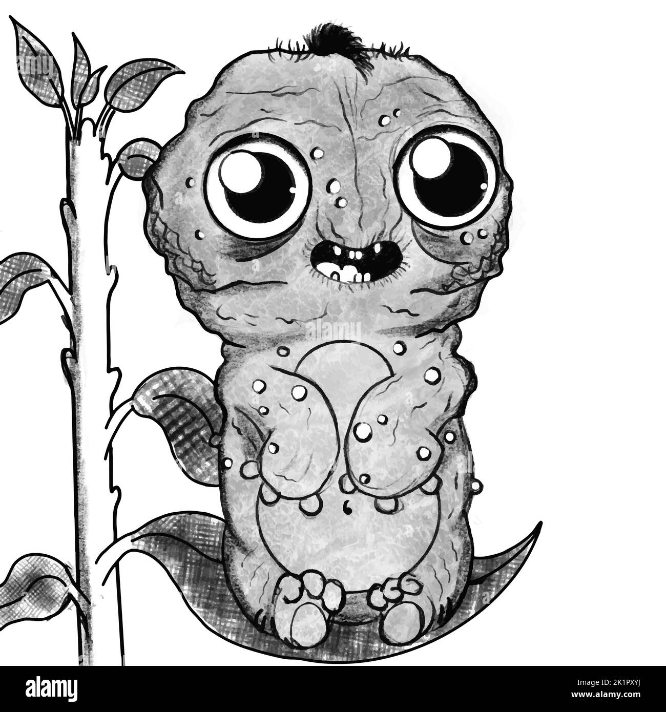 vector cartoon black and white monster sitting on a leaf halloween ...