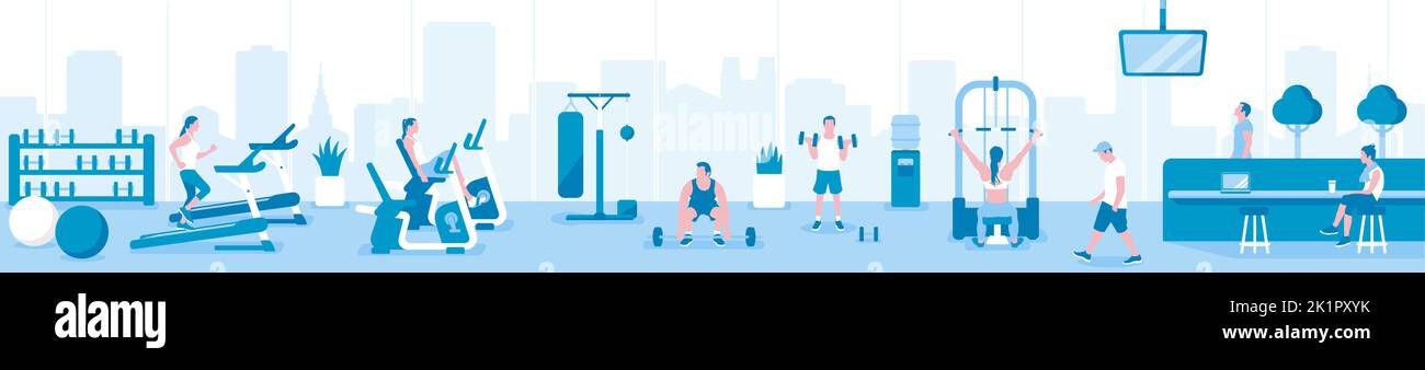 People working out at the gym. Horizontal vector banner illustration ...