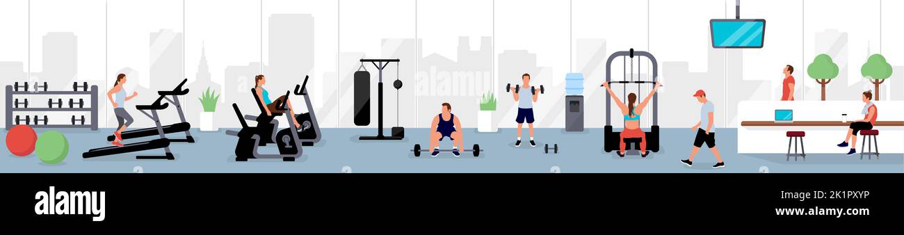 People working out at the gym. Horizontal vector banner illustration ...