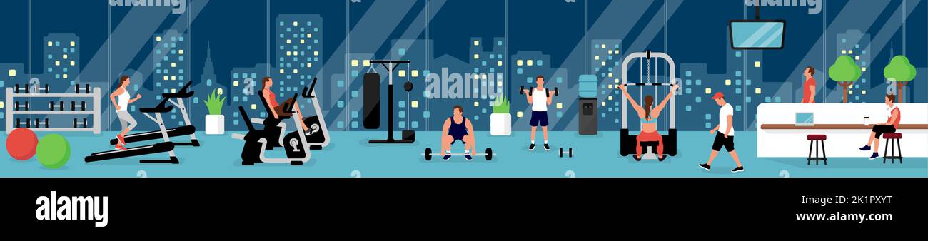 People working out at the gym. Horizontal vector banner illustration ...