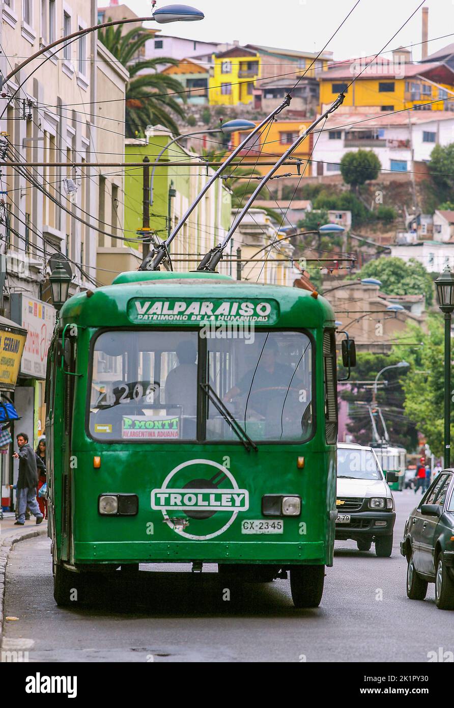 Chile,Valparaiso , the busses in town are electric trolley busses Stock ...