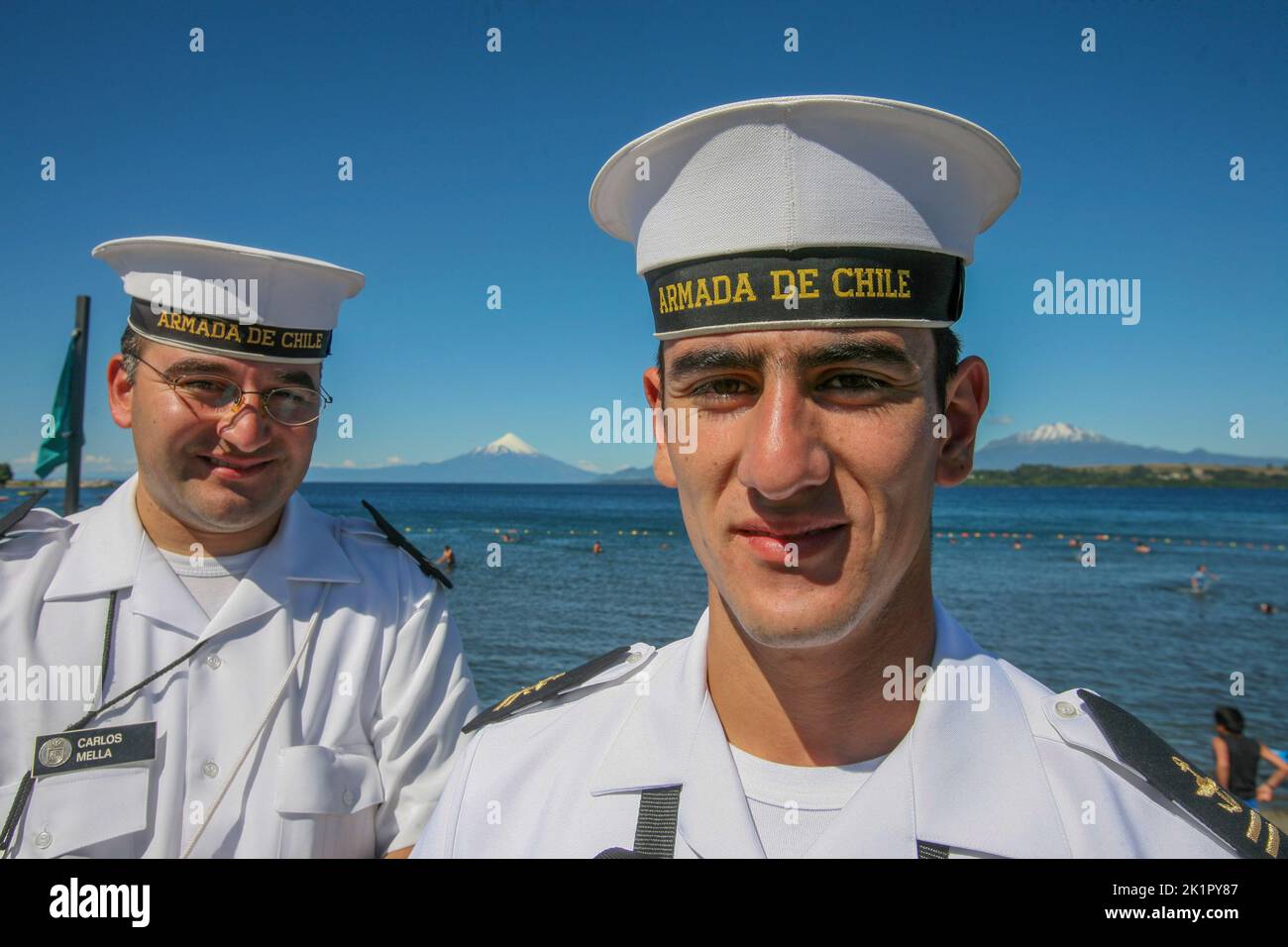 Chile, portraits of navy men viviting Puerto Octay village on the ...