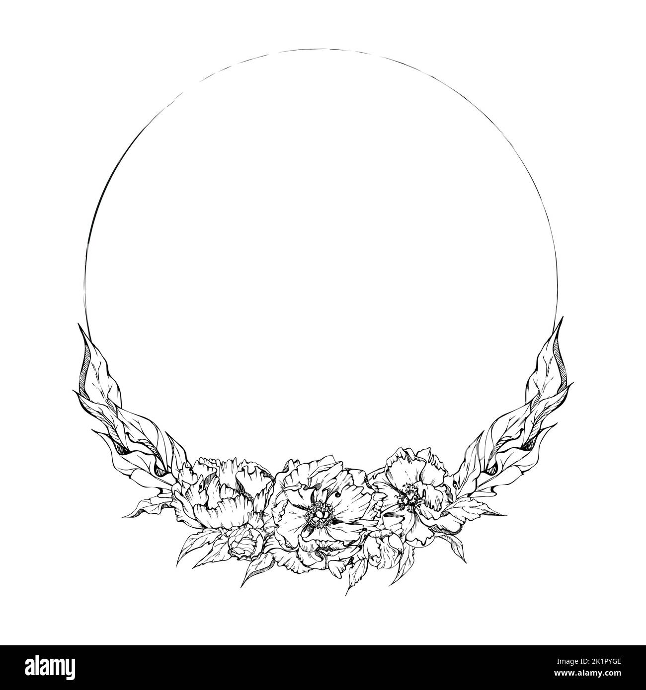 Hand drawn vector circle frame wreath arrangement with peony flowers ...