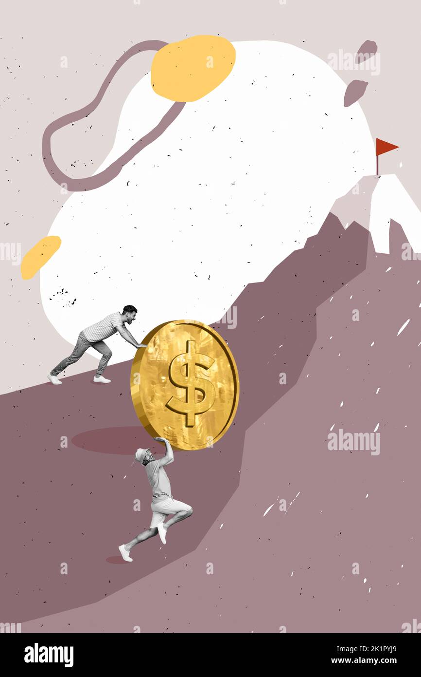 Vertical creative collage image of two black white guys pushing gold ...